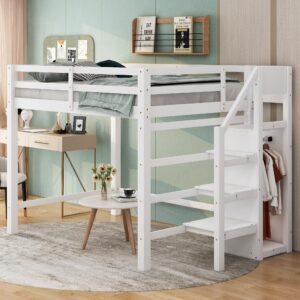 harper & bright designs full loft bed, loft bed full size with storage staircase and wardrobe for clothes, wooden high loft bed frame for kids girls boys bedroom, white