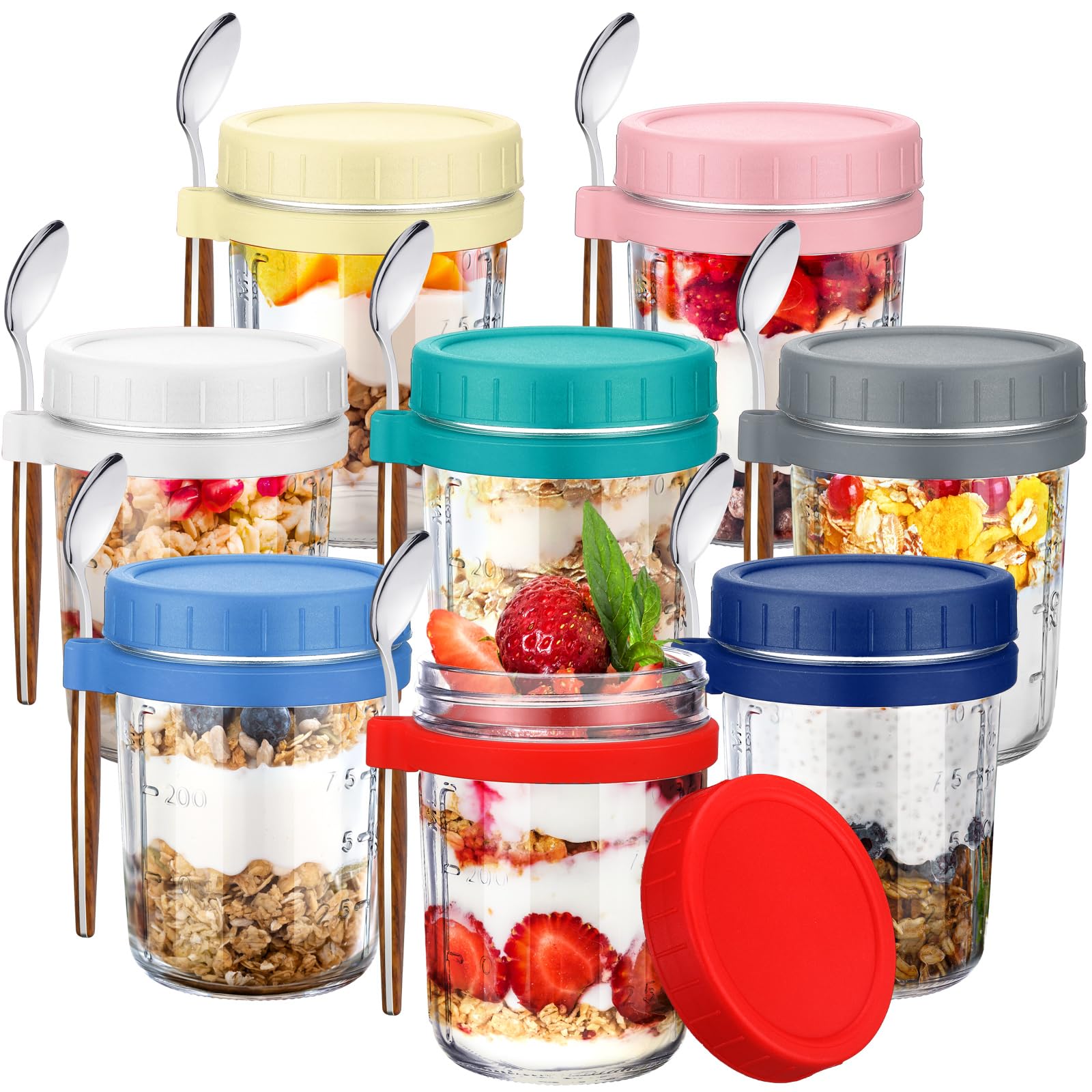 Layhit 8 Sets 16 oz Overnight Oats Containers with Lids and Spoons Summer Large Glass Mason Jars for Overnight Oats with Measurement Marks Oatmeal Container for Milk Cereal Fruit(Multicolor)