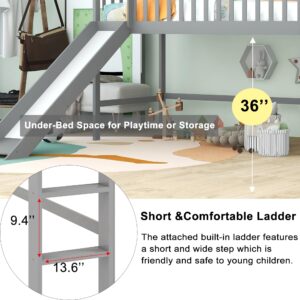 Bellemave Twin Size Loft Bed for Kids,Low Loft Bed with Slide and Ladder,Wood Loft Bed Twin for Girls Boys,Grey