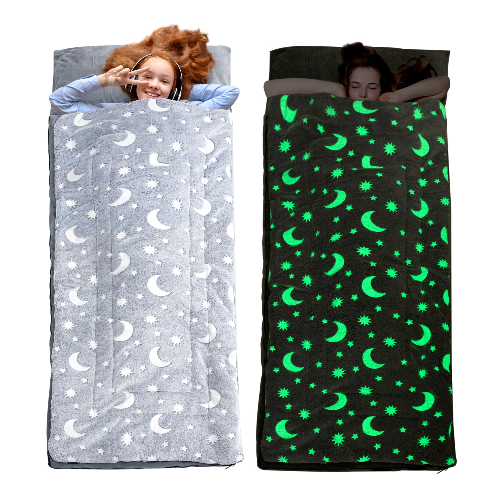 HOMBYS Glow in the Dark Sleeping Bags for 10~12 Years Old Kids, 84"x30" Soft Kids Nap Mat with Pillow and Blanket for Daycare School, Grey Travel Sleep Bag for Childern Girls Boys Truck Travel Camping