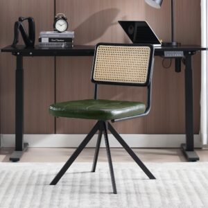 zesthouse rattan desk chair no wheels, mid century modern home office chair with cane mesh & wooden back, vintage faux leather swivel accent chair, upholstered armless computer task chair,green