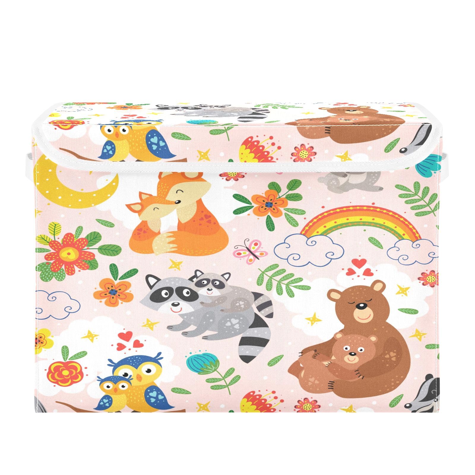 Lidded Home Storage Bins Cute Bunny in The Garden Pattern Double Handle Foldable Storage Basket Flip-Top Storage Box for Toys Clothes Documents