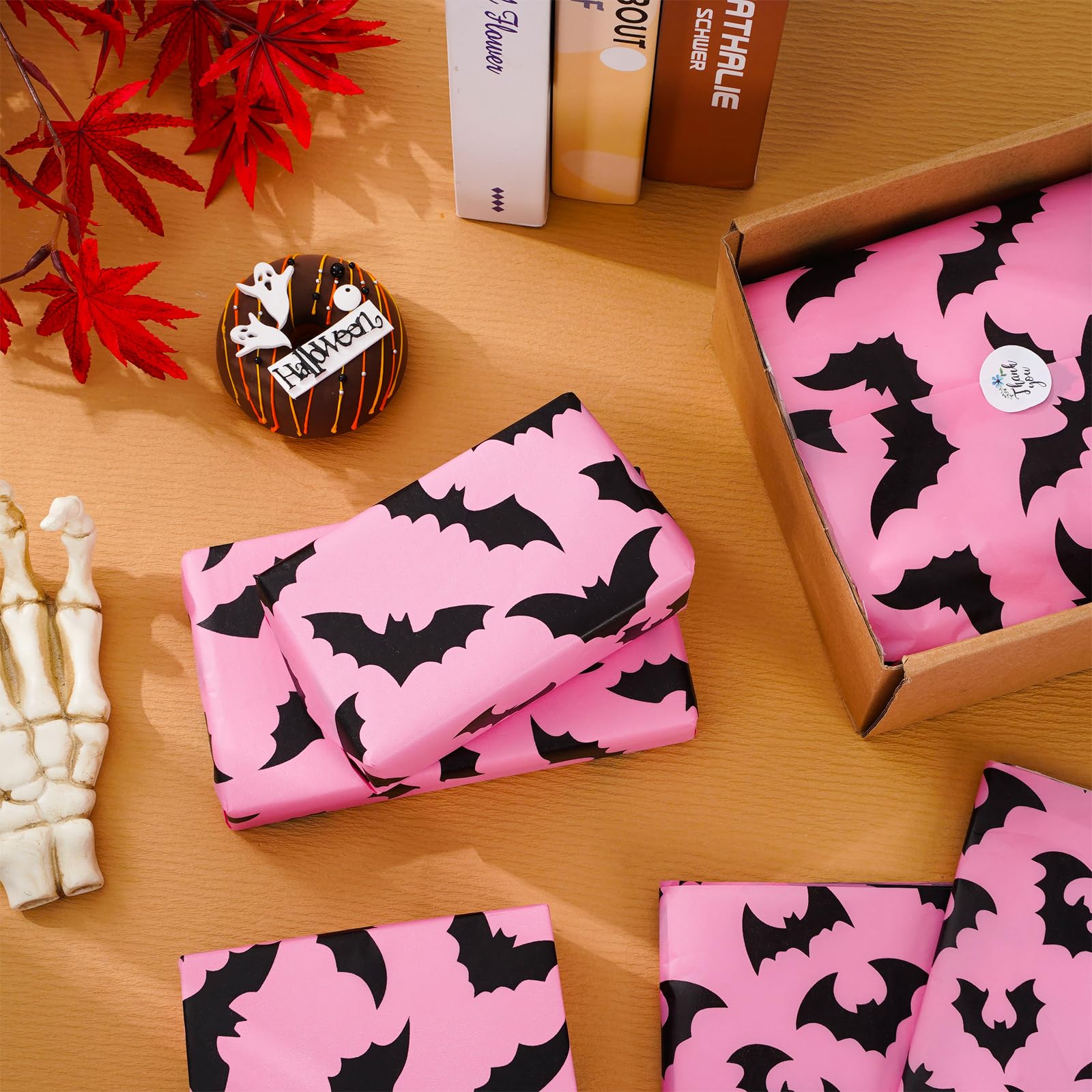 Whaline 100Pcs Pink Bat Tissue Paper Bulk Pink Wrapping Paper Bulk Black Bat Decorative Gift Wrapping Tissue Paper DIY Craft Paper for Halloween, 14 x 20 Inch