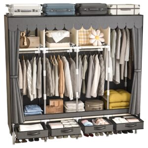 leaijiafy large portable armoire wardrobe closet with 4 hanging rods and drawers,gray metal storage wardrobe clothes rack with dust cover for hanging clothes,67.7 in width,bedroom