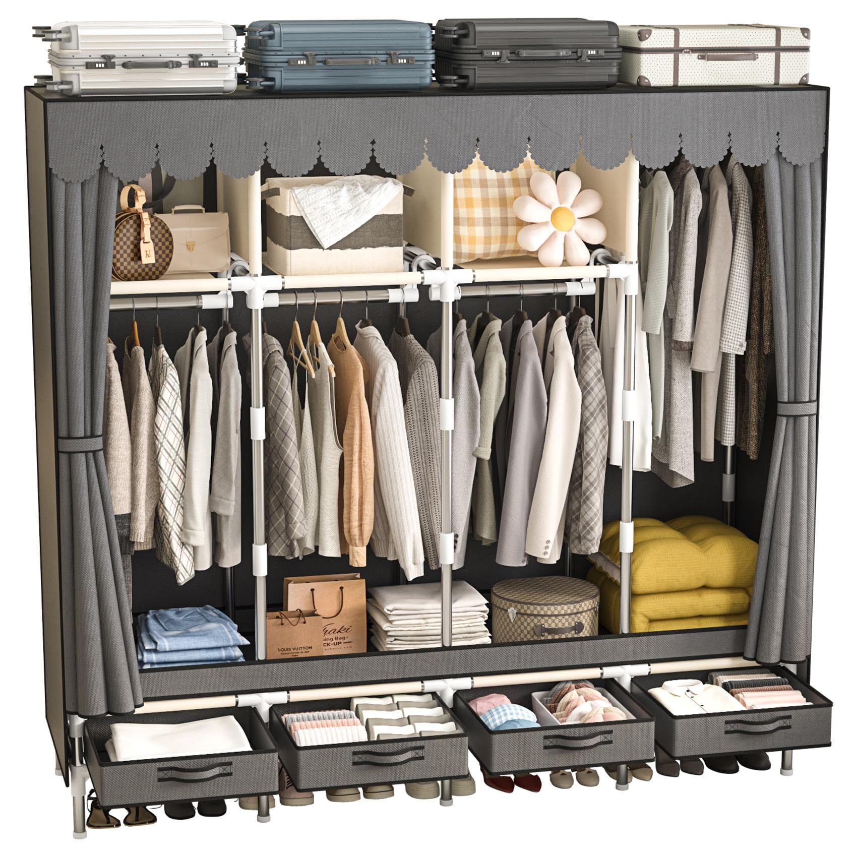 LEAIJIAFY Large Portable Armoire Wardrobe Closet with 4 Hanging Rods and Drawers,Gray Metal Storage Wardrobe Clothes Rack with Dust Cover for Hanging Clothes,67.7 in Width,Bedroom