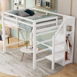 Harper & Bright Designs Full Loft Bed, Loft Bed Full Size with Storage Staircase and Wardrobe for Clothes, Wooden High Loft Bed Frame for Kids Girls Boys Bedroom, White