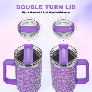 FECBK 40 oz Tumbler with Handle and Straw, 100% Leak-Proof Travel Mug, Stainless Steel Double Wall Vacuum Insulated Coffee Cup Keeps Cold For 34 Hours, Dishwasher Safe, Purple Leopard