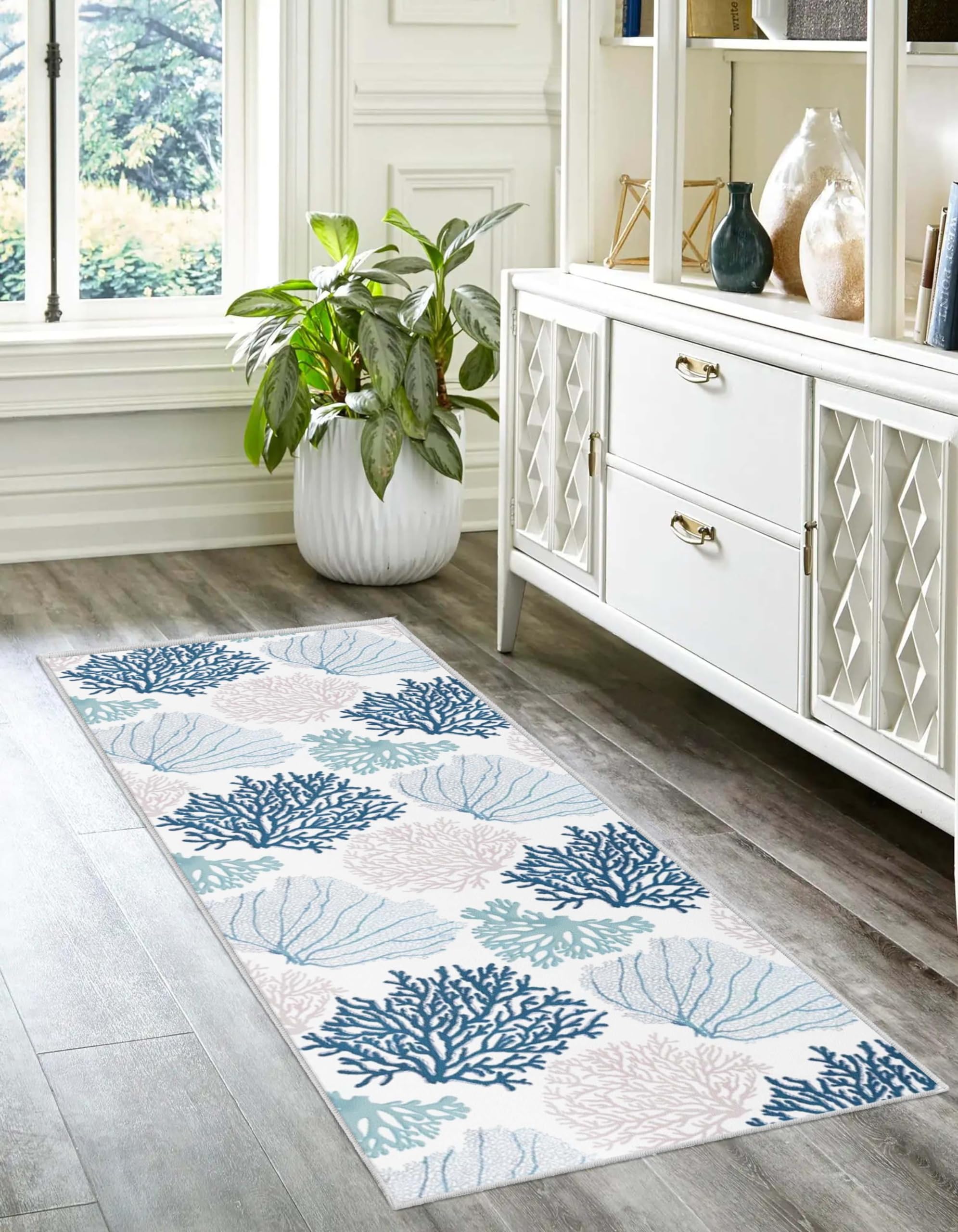 Coastal Runner Rug Beach Hallway Rugs Non-Slip Nautical Coral Machine Washable Rugs Modern Floor Carpet for Kitchen Bathroom Laundry Bedroom Living Room, 2x6