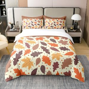 watercolor leaves 100% natural cotton duvet cover queen size cartoon fall leaves rustic style comforter cover with 2 pillowcases brown grid stripe autumn bedding set 3 pcs bed cover