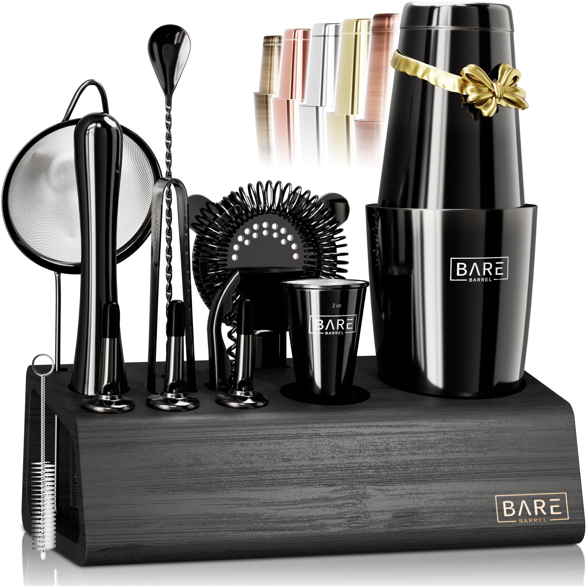 BARE BARREL® Mixology Bartender Kit Bar Set | 14-Piece Cocktail Shaker Set | Martini Barware Mixing Tools for Home Bartending | Incl. 35 Recipe Cards | Gift Set (28oz Boston Shaker, Jet Black/Black)