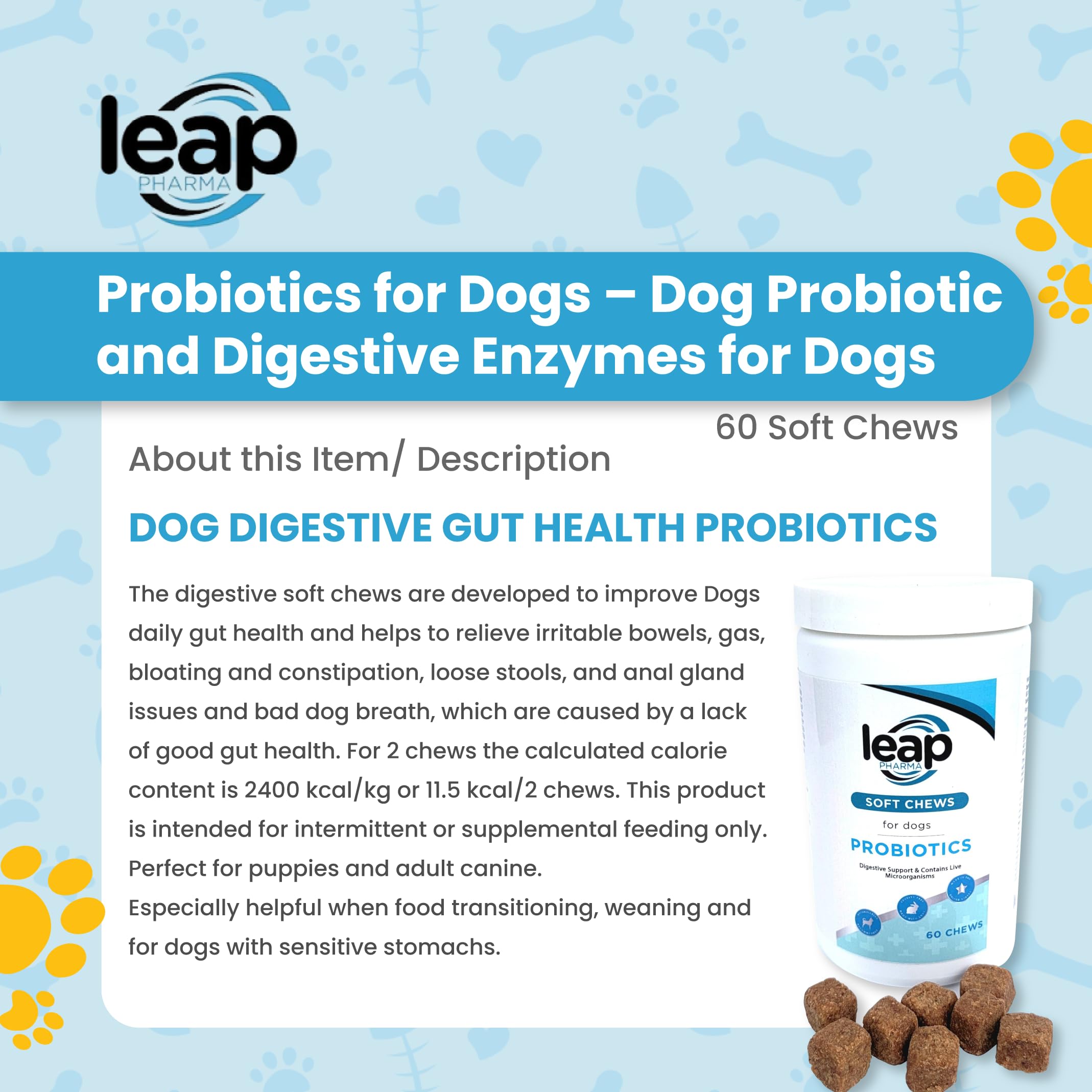 Probiotics for Dogs - Dog Probiotic and Digestive Enzymes for Dogs - 60 Soft Chews for Digestion Support - Pet Supplements