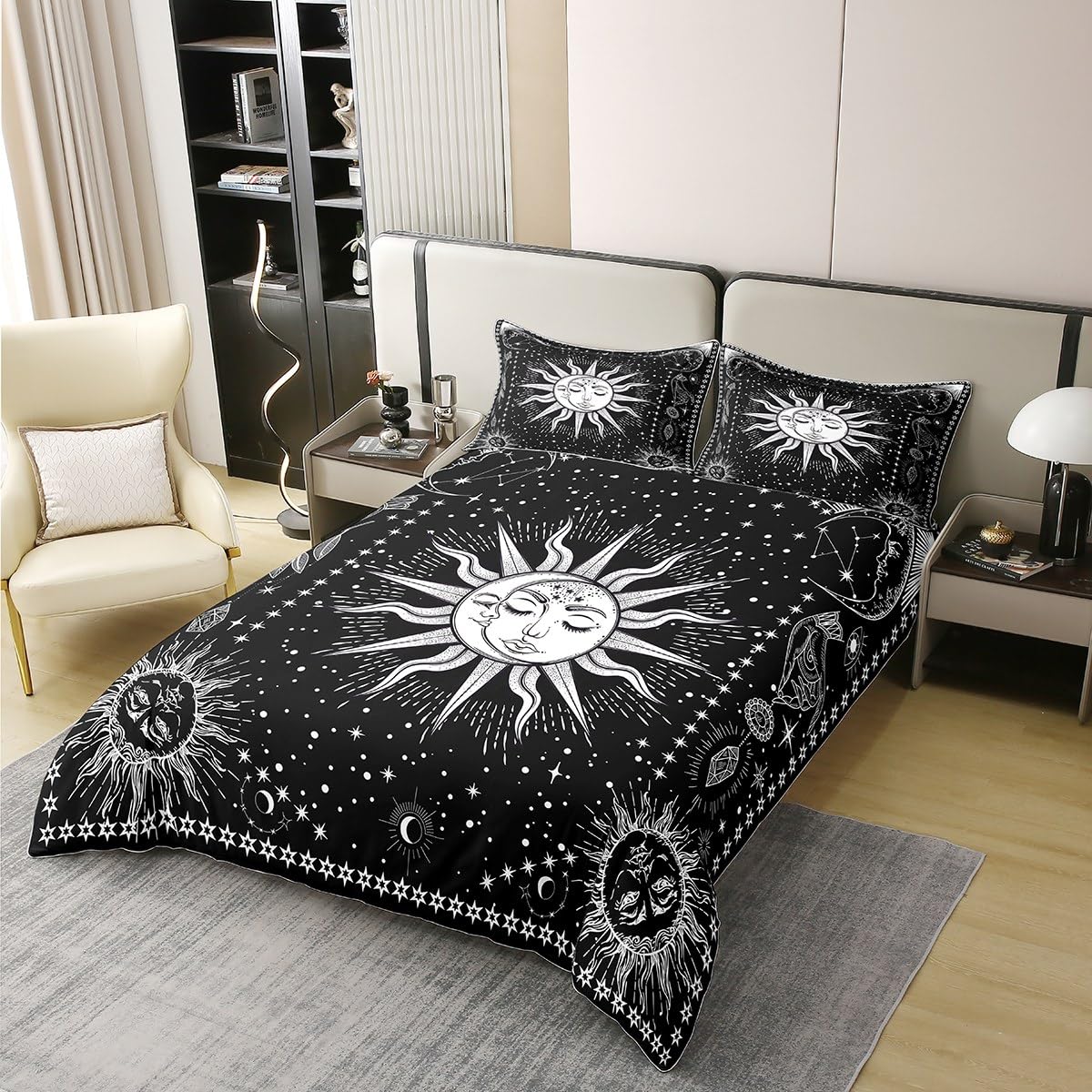 Erosebridal 100% Cotton Sun and Moon Duvet Cover,Psychedelic Mystic Galaxy Bedding Set Queen,Starry Sky Comforter Cover,Bohemian Constellation Stars Bed Sets with 1 Pillow Sham,White Black