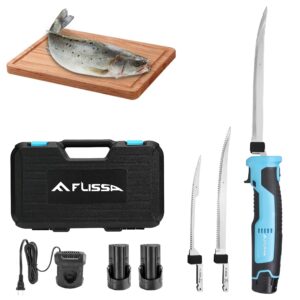 flissa cordless electric fillet knife for fish with 8" and 10" stainless steel blades, rechargeable electric knife with non-slip handle, 2 packs long lasting lithium-ion battery, portable carry case