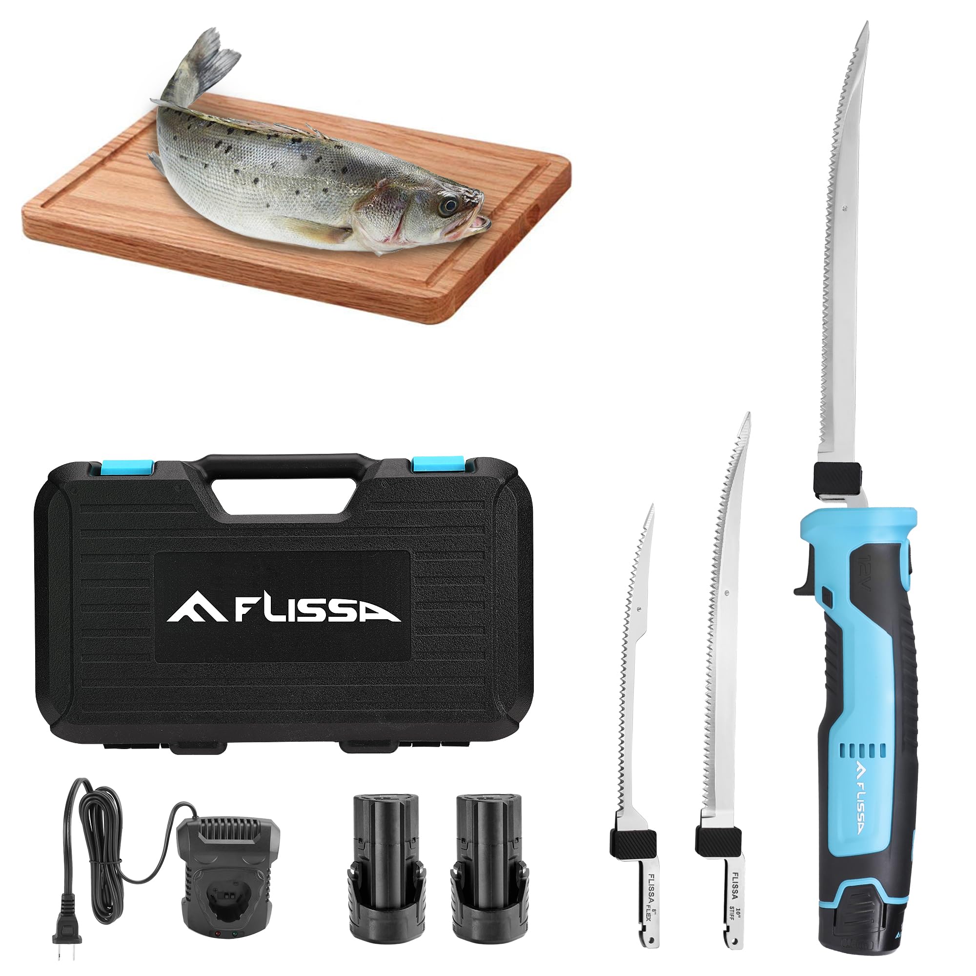 FLISSA Cordless Electric Fillet Knife for Fish with 8" and 10" Stainless Steel Blades, Rechargeable Electric Knife with Non-Slip Handle, 2 Packs Long Lasting Lithium-ion Battery, Portable Carry Case