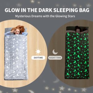 HOMBYS Glow in the Dark Sleeping Bags for 10~12 Years Old Kids, 84"x30" Soft Kids Nap Mat with Pillow and Blanket for Daycare School, Grey Travel Sleep Bag for Childern Girls Boys Truck Travel Camping