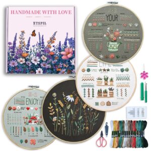 etspil 4 pack embroidery kit for beginners & adults learn 33 stitch techniques with floral patterns, complete diy kit with hoop, color threads, tools, easy instructions & video-great for gifting