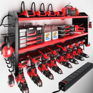 kafahom power tool organizer with charging station, built in 8 outlet power strip, large 8 drill holder wall mount, heavy duty metal power tool storage rack tool shelf for garage organization red