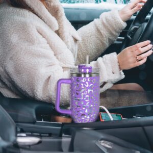 FECBK 40 oz Tumbler with Handle and Straw, 100% Leak-Proof Travel Mug, Stainless Steel Double Wall Vacuum Insulated Coffee Cup Keeps Cold For 34 Hours, Dishwasher Safe, Purple Leopard