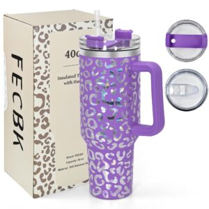 fecbk 40 oz tumbler with handle and straw, 100% leak-proof travel mug, stainless steel double wall vacuum insulated coffee cup keeps cold for 34 hours, dishwasher safe, purple leopard