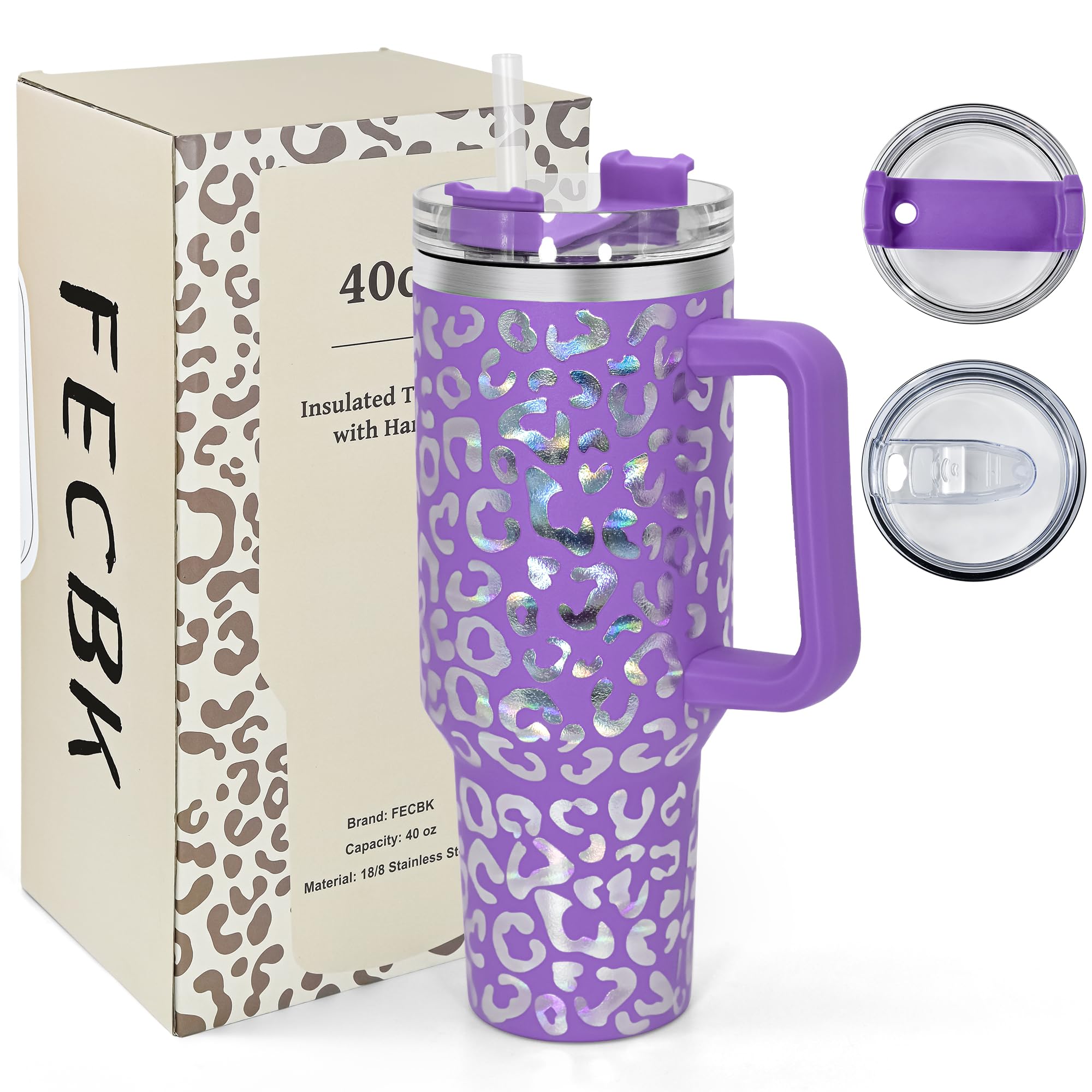 FECBK 40 oz Tumbler with Handle and Straw, 100% Leak-Proof Travel Mug, Stainless Steel Double Wall Vacuum Insulated Coffee Cup Keeps Cold For 34 Hours, Dishwasher Safe, Purple Leopard