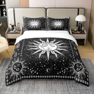 erosebridal 100% cotton sun and moon duvet cover,psychedelic mystic galaxy bedding set queen,starry sky comforter cover,bohemian constellation stars bed sets with 1 pillow sham,white black