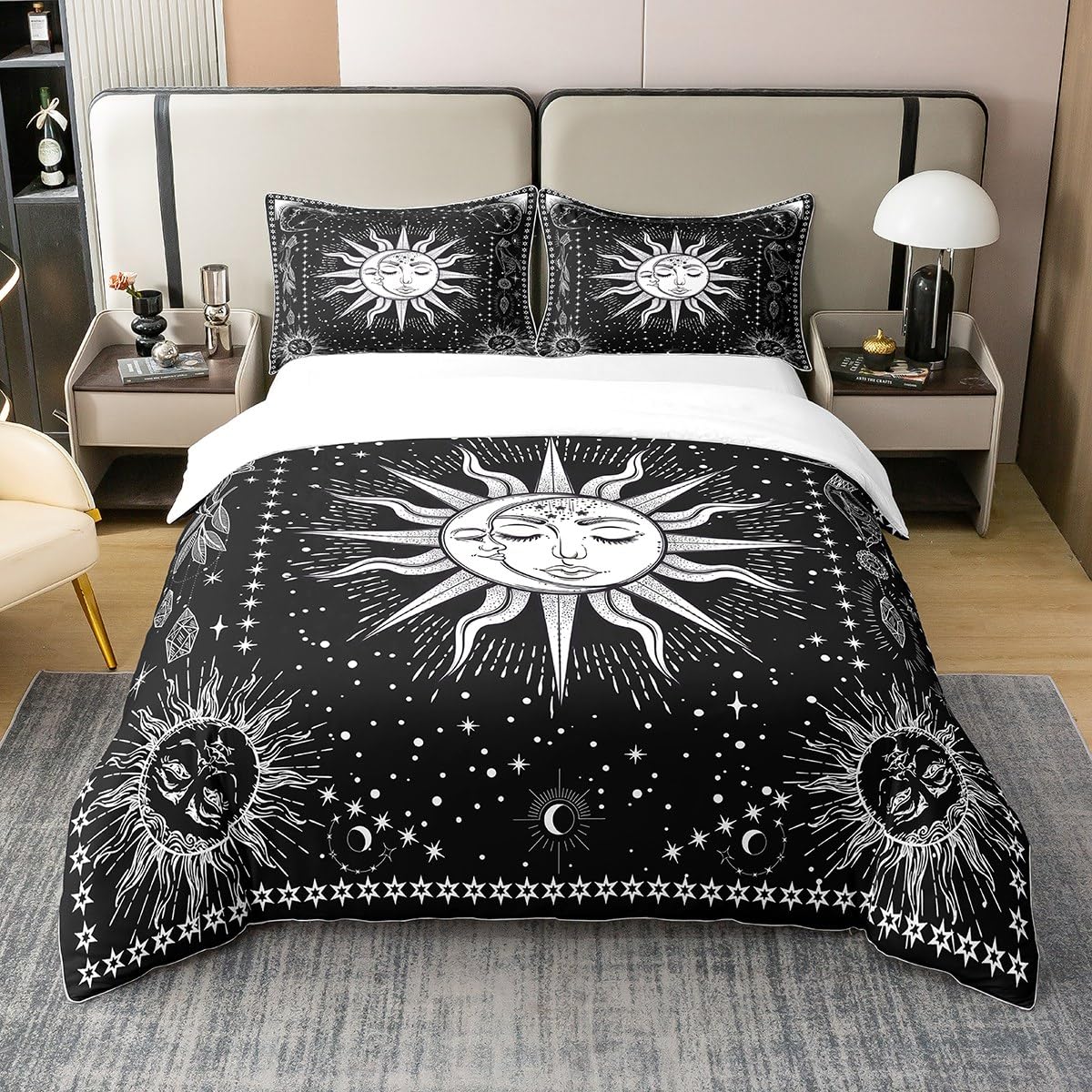 Erosebridal 100% Cotton Sun and Moon Duvet Cover,Psychedelic Mystic Galaxy Bedding Set Queen,Starry Sky Comforter Cover,Bohemian Constellation Stars Bed Sets with 1 Pillow Sham,White Black