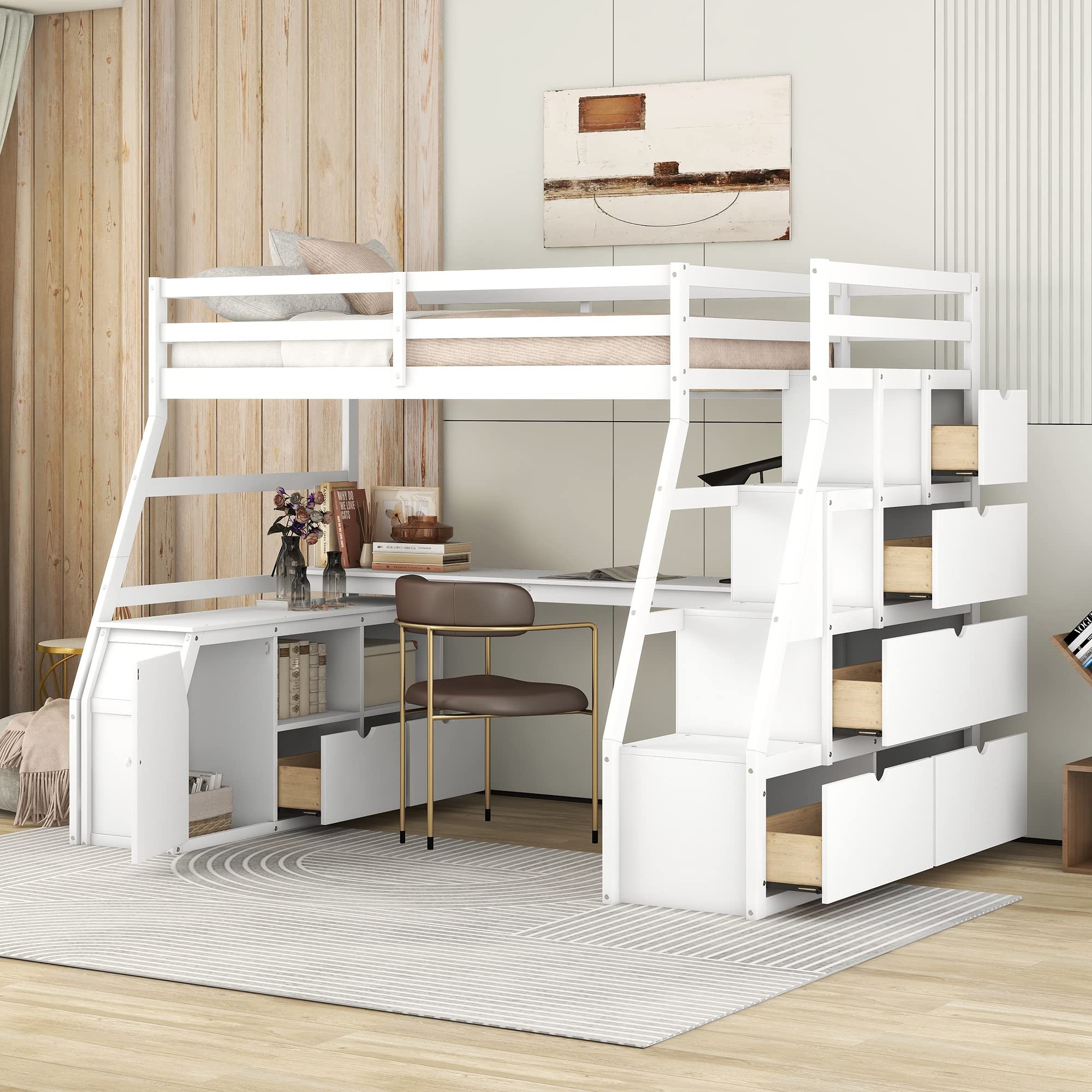 Harper & Bright Designs Twin Loft Bed with Stairs and Desk, Solid Wood Loft Bed Frame with Storage 7 Drawers 2 Shelves, for Kids Teens Adults (White)