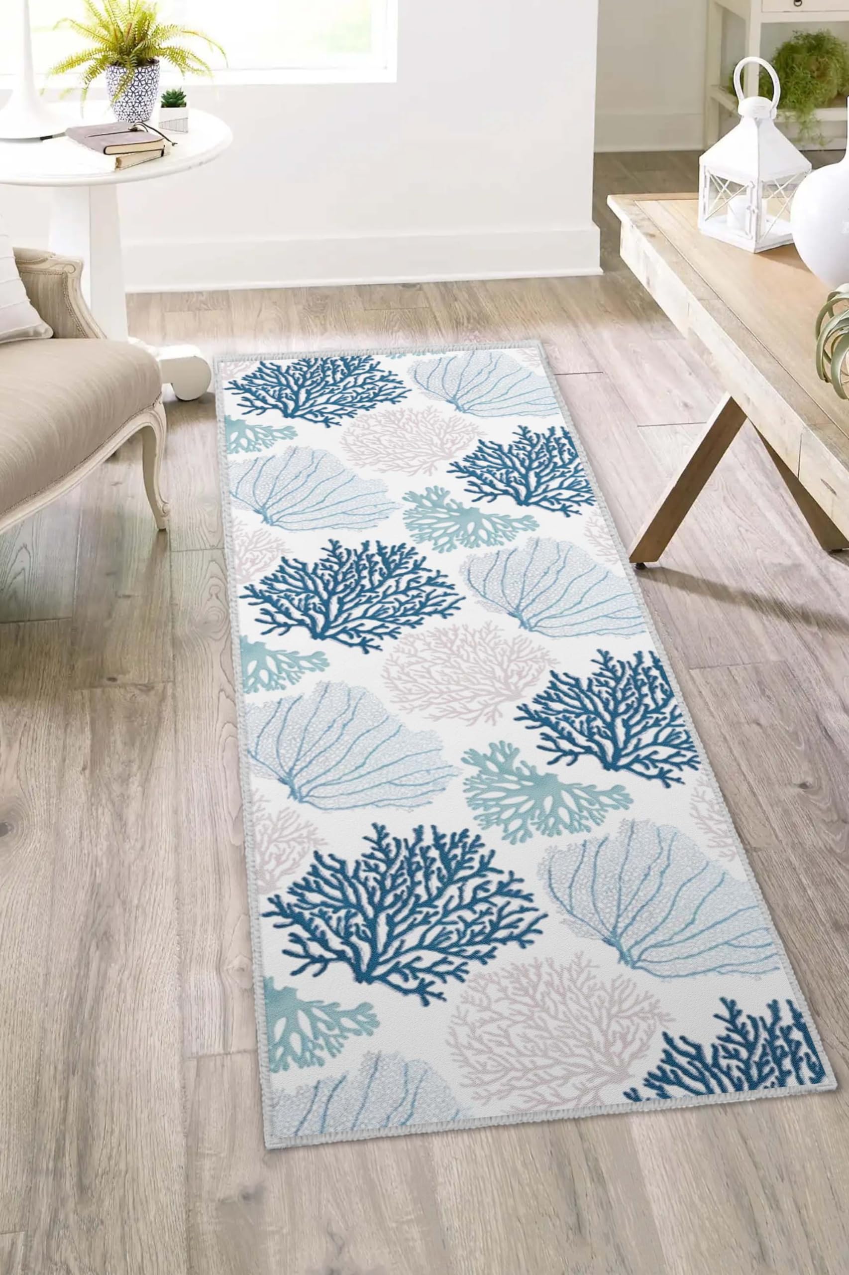 Coastal Runner Rug Beach Hallway Rugs Non-Slip Nautical Coral Machine Washable Rugs Modern Floor Carpet for Kitchen Bathroom Laundry Bedroom Living Room, 2x6