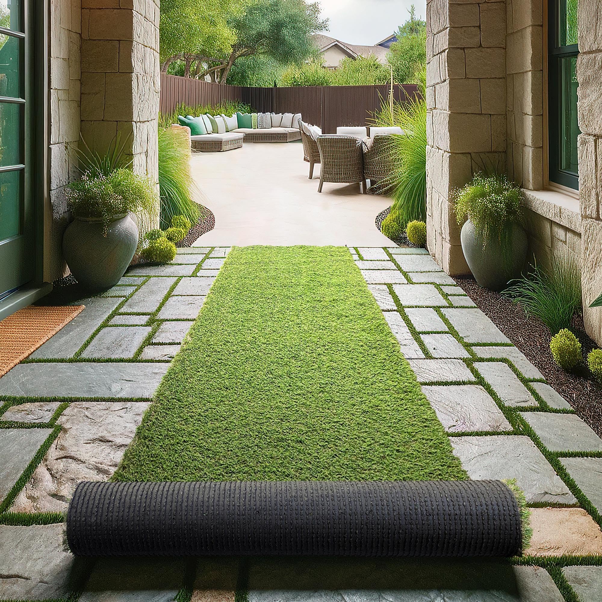 Sweet Home Stores Waterproof Easy-Clean Solid Grass 3x7 Indoor/Outdoor Artificial Grass Runner Rug, 2'7" x 7', Green