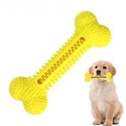 patchy's pets puppy and dog toothbrush dental chew toy bone, teeth cleaning, teething, soft flexible durable rubber dog toys, small treat holder, puppy and small breeds, non toxic (yellow)