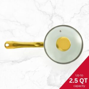 Holstein Housewares 2.5QT White Ceramic Nonstick Saucepan with Lid, Gold Color and Stainless Steel Handle, Golden Elegance