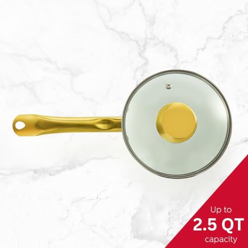 Holstein Housewares 2.5QT White Ceramic Nonstick Saucepan with Lid, Gold Color and Stainless Steel Handle, Golden Elegance