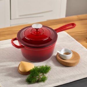 AILIBOO Enameled Cast Iron Sauce Pan, 1.6 Quarts Round Sauce Pot with Lid, Min Dutch Oven Enamel Saucepan for Cooking Pasta Sauce, Gravy, Puddings & Boiling, Gradient Red