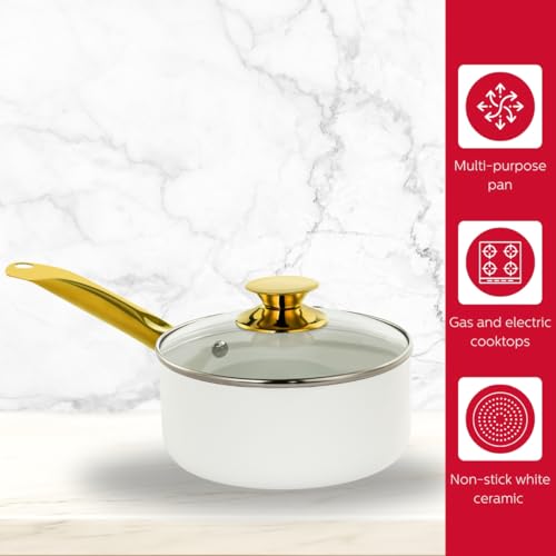 Holstein Housewares 2.5QT White Ceramic Nonstick Saucepan with Lid, Gold Color and Stainless Steel Handle, Golden Elegance