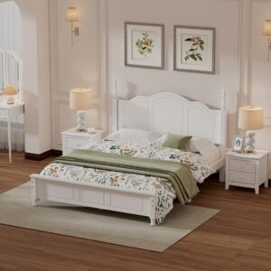 Harper & Bright Designs 3 Pieces Queen Bedroom Sets, Wooden Queen Size Platform Bed with 2 Nightstands, Retro Design Queen Bedroom Furniture Sets, Easy to Assemble (White)