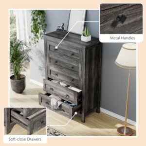 LUXOAK Farmhouse 5 Drawers Dresser, Wood Rustic Chest of Drawers for Bedroom, Tall Dressers Organizer with Metal Handles, 5 Drawers Chest for Living Room, Hallway, Entryway, Grey