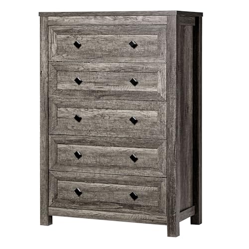 LUXOAK Farmhouse 5 Drawers Dresser, Wood Rustic Chest of Drawers for Bedroom, Tall Dressers Organizer with Metal Handles, 5 Drawers Chest for Living Room, Hallway, Entryway, Grey