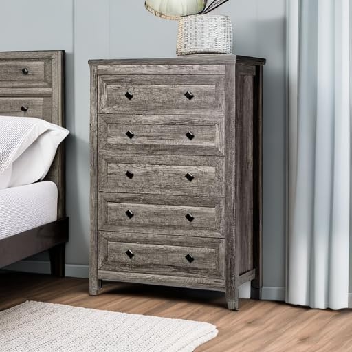 LUXOAK Farmhouse 5 Drawers Dresser, Wood Rustic Chest of Drawers for Bedroom, Tall Dressers Organizer with Metal Handles, 5 Drawers Chest for Living Room, Hallway, Entryway, Grey