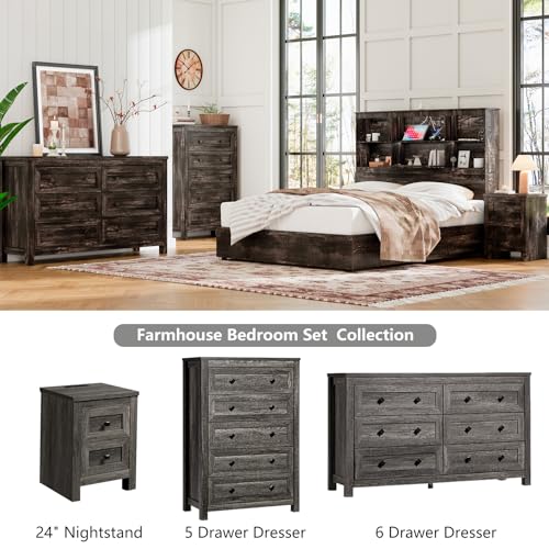 LUXOAK Farmhouse 5 Drawers Dresser, Wood Rustic Chest of Drawers for Bedroom, Tall Dressers Organizer with Metal Handles, 5 Drawers Chest for Living Room, Hallway, Entryway, Grey