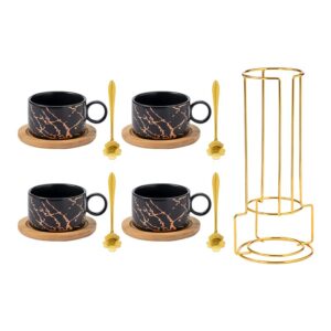 Jusalpha Golden Hand Print Teacup Coffee Cup with Bamboo Saucer Set FDTCS19 (4, Black)