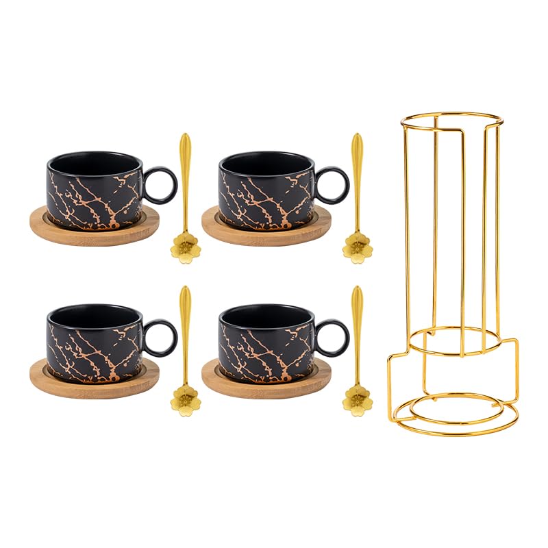 Jusalpha Golden Hand Print Teacup Coffee Cup with Bamboo Saucer Set FDTCS19 (4, Black)