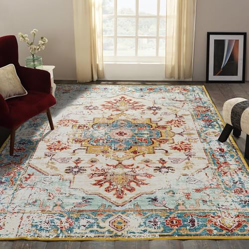 Kaspene Home - Machine Washable Thin Area Rug for Dining Room, Bedroom, and Living Room - Oriental Vintage Blue and Red Rug - Stain and Water-Resistant - Non-Slip - Pet and Kid Friendly, 5x8