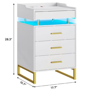 HAUOMS White Nightstand with Charging Station and LED Lights,Luxury Night Stand with Pull-Out Tray,Bedside Table with Drawers,Modern End Table Side Table Storage Cabniet