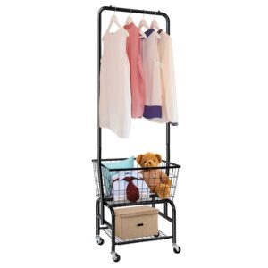 mosxoed laundry cart with wheels and hanging rack, rolling laundry basket with clothes rack laundry butler with wire storage rack coat rack for laundry bedroom hallway, black