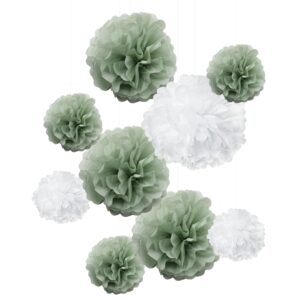 9pcs dusty sage green white large tissue paper pom poms flower wall hanging backdrop centerpieces for botanical greenery baby shower gender reveal bridal shower wedding birthday nursery garden décor