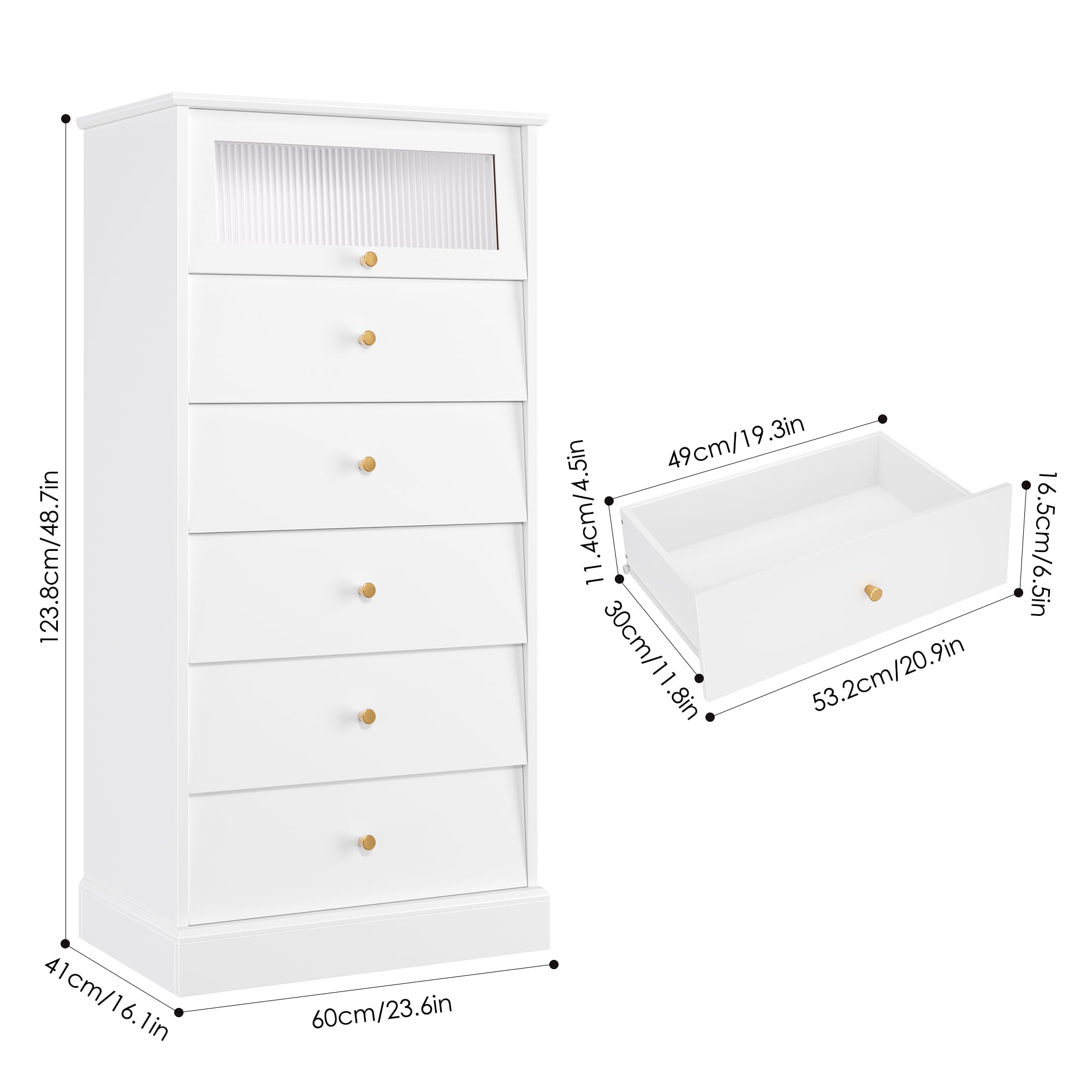 FINETONES 6 Drawer Dresser White Dresser, 48.7'' Tall White Dresser Chest of Drawers, White and Gold Dresser with Glass Drawer, Gold Dresser Modern Dresser for Home Office