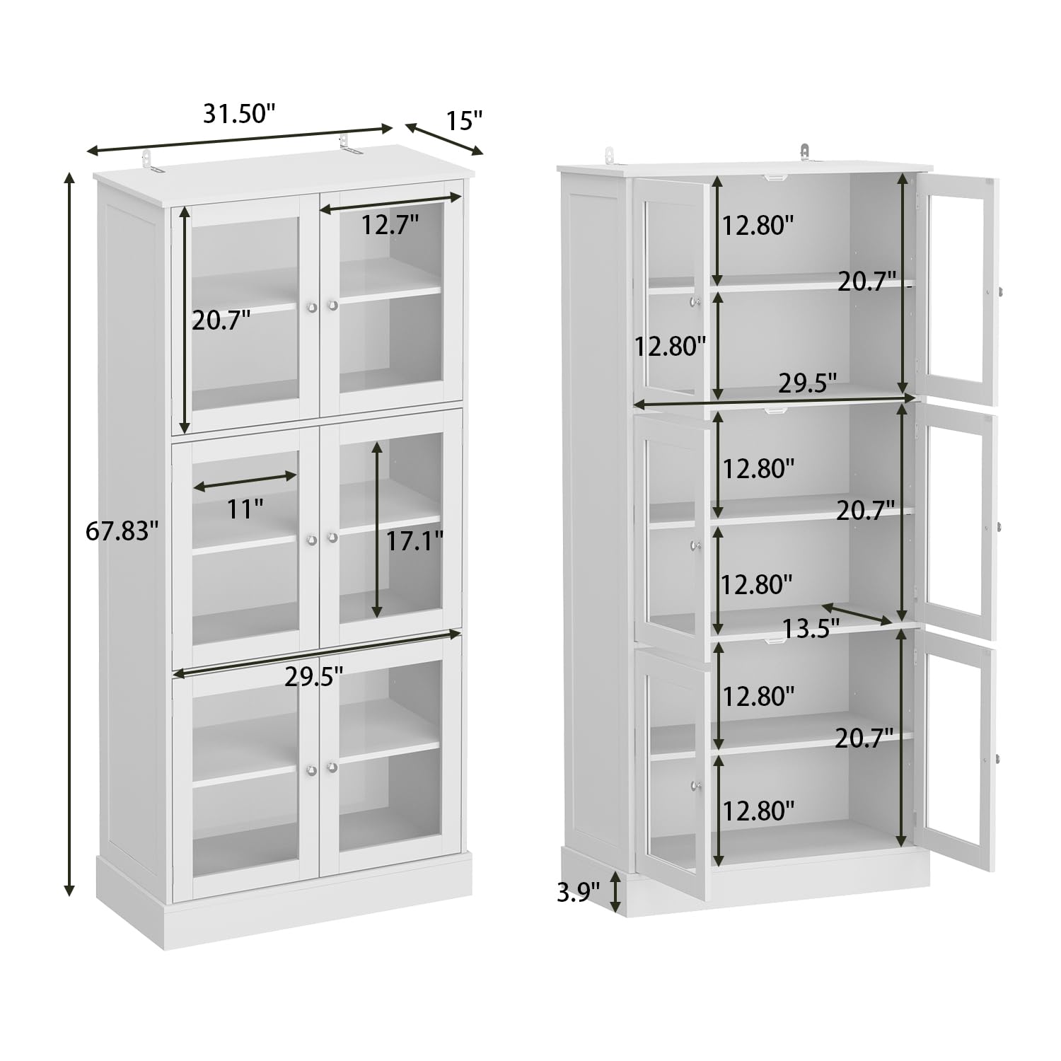 ECACAD 67.9" H Modern Bookcase Storage Cabinet with 6 Glass Doors & Adjustable Shelves, 6-Tier Wood Bookshelf Display Cabinet for Living Room & Office, White