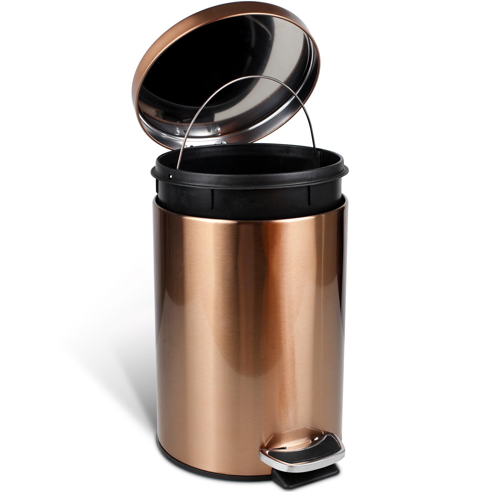 FozsKeylf Soft Close Trash Can, 8 Liter / 2.1 Gallon Step Trash Can with Lid, Hands-Free Kitchen/Bathroom Stainless Steel Garbage Can with Removable Liner Bucket and Handle, Golden