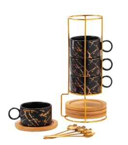 jusalpha golden hand print teacup coffee cup with bamboo saucer set fdtcs19 (4, black)