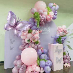 Dusty Purple Butterfly Balloon Garland Arch Kit, 139pcs Pink Lavender Purple Balloons with 3D Silver Butterfly Stickers for Girl Birthday Party Wedding Bridal Shower Baby Shower Decorations